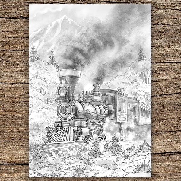 Train Scene Coloring Page - Etsy