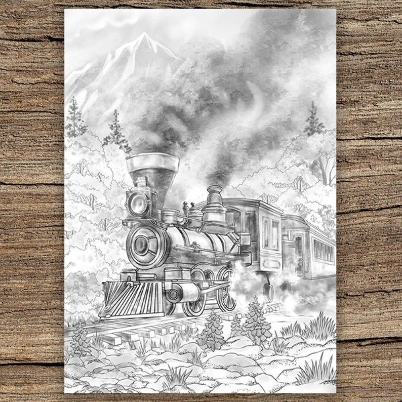 Train Printable Adult Coloring Page From Favoreads coloring - Etsy