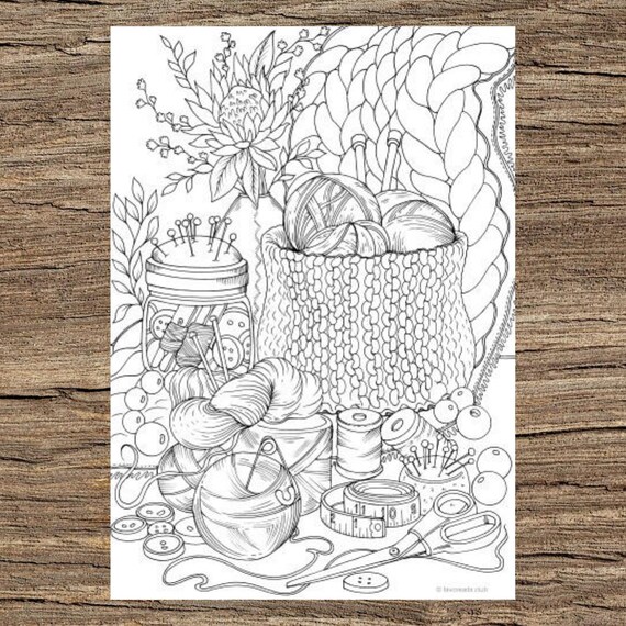 Knitting Printable Adult Coloring Page From Favoreads | Etsy UK