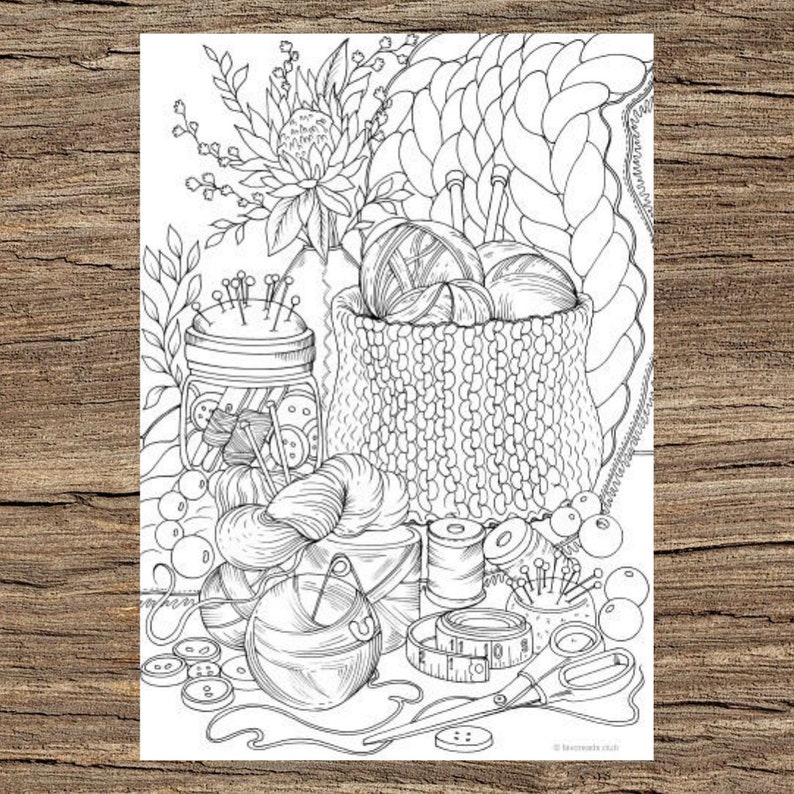 Knitting Printable Adult Coloring Page From Favoreads | Etsy UK