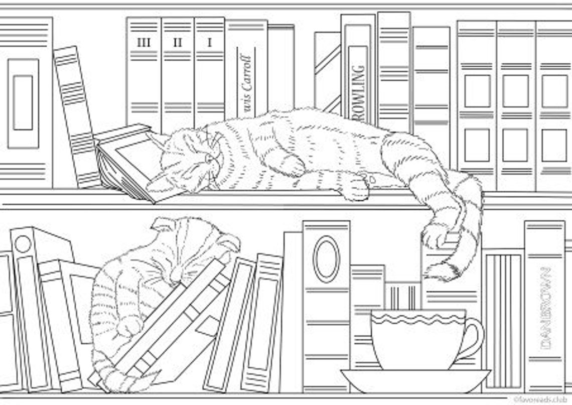 Library Cats Printable Adult Coloring Page From Favoreads | Etsy