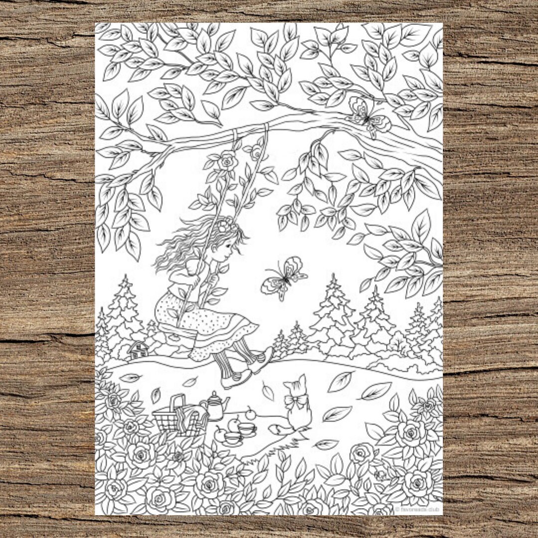 Girl on the Swings - Printable Adult Coloring Page From Favoreads ...
