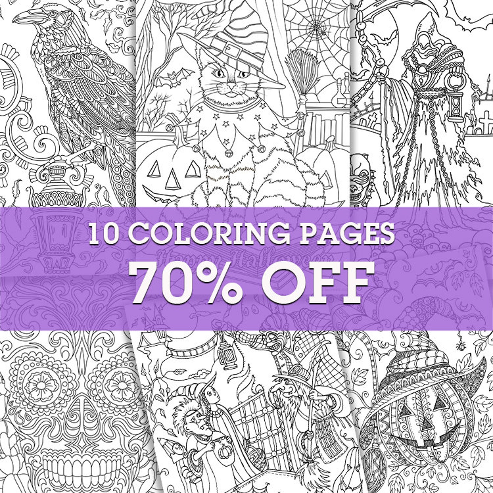 Halloween Bundle 10 Printable Adult Coloring Pages From - Etsy