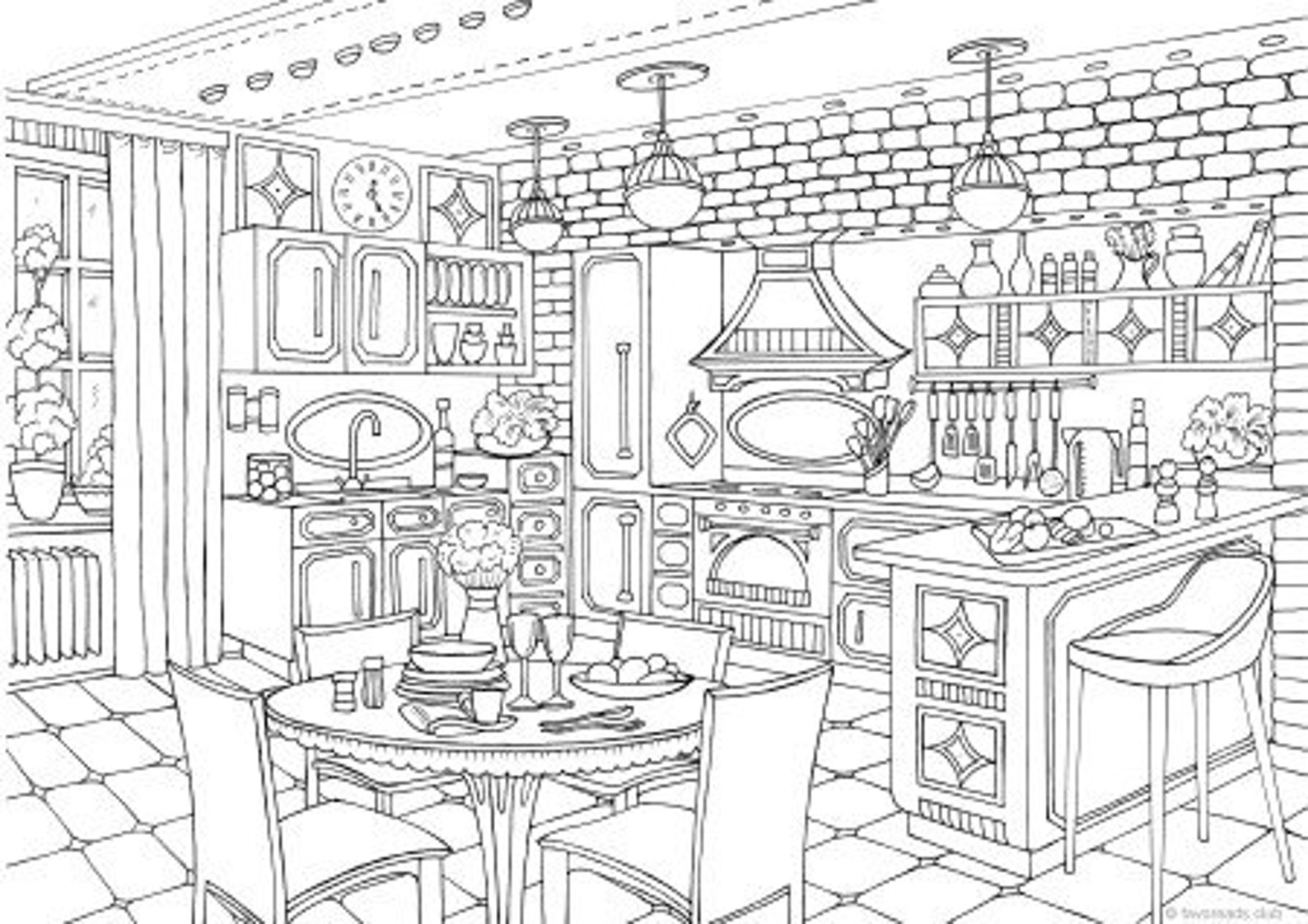 Modern Kitchen Printable Adult Coloring Page From Favoreads | Etsy