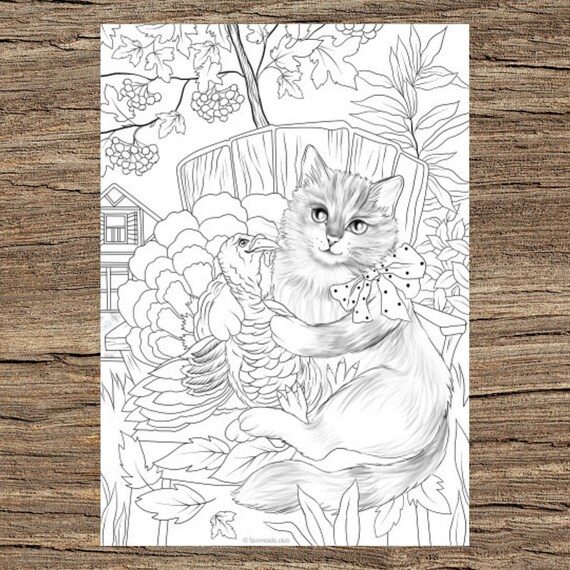Cat and Turkey Printable Adult Coloring Page From Favoreads | Etsy
