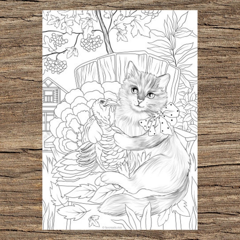 Cat and Turkey Printable Adult Coloring Page From Favoreads | Etsy
