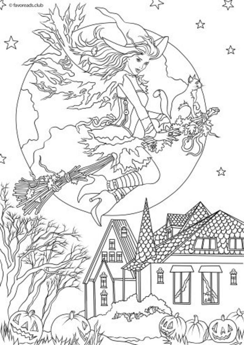 Flying Witch Printable Adult Coloring Page From Favoreads Etsy