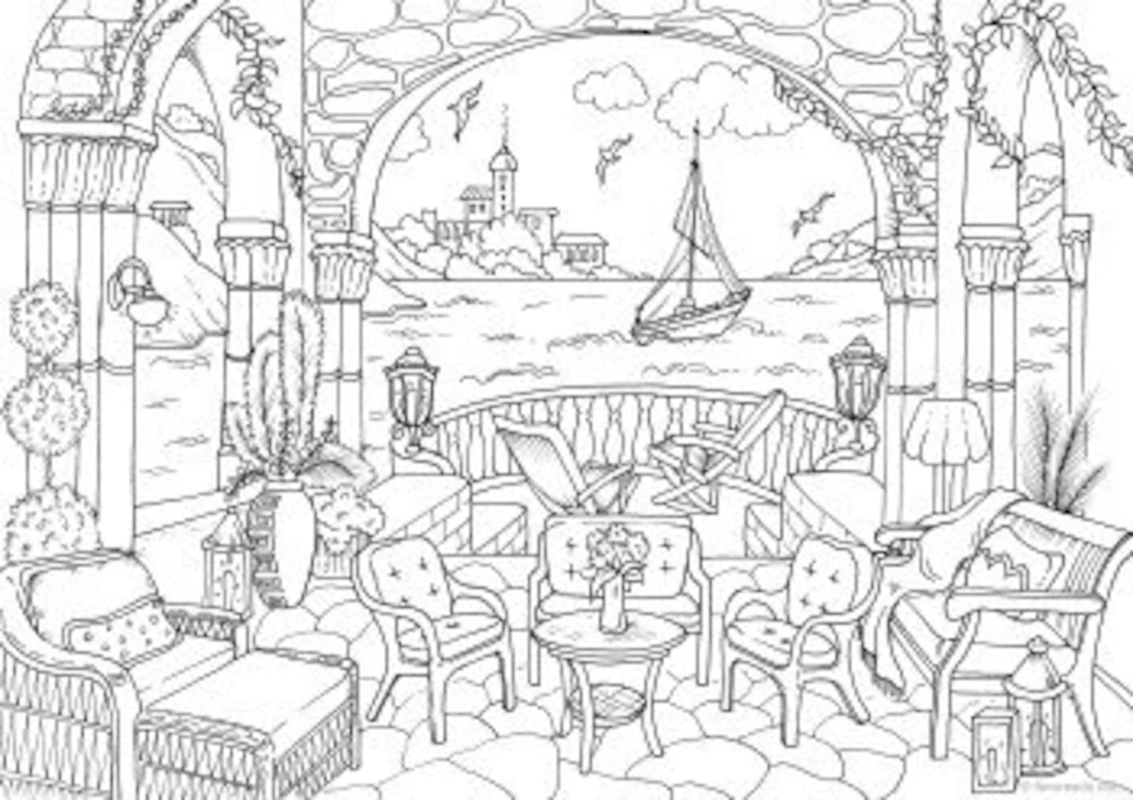 Terrace Printable Adult Coloring Page From Favoreads - Etsy Ireland