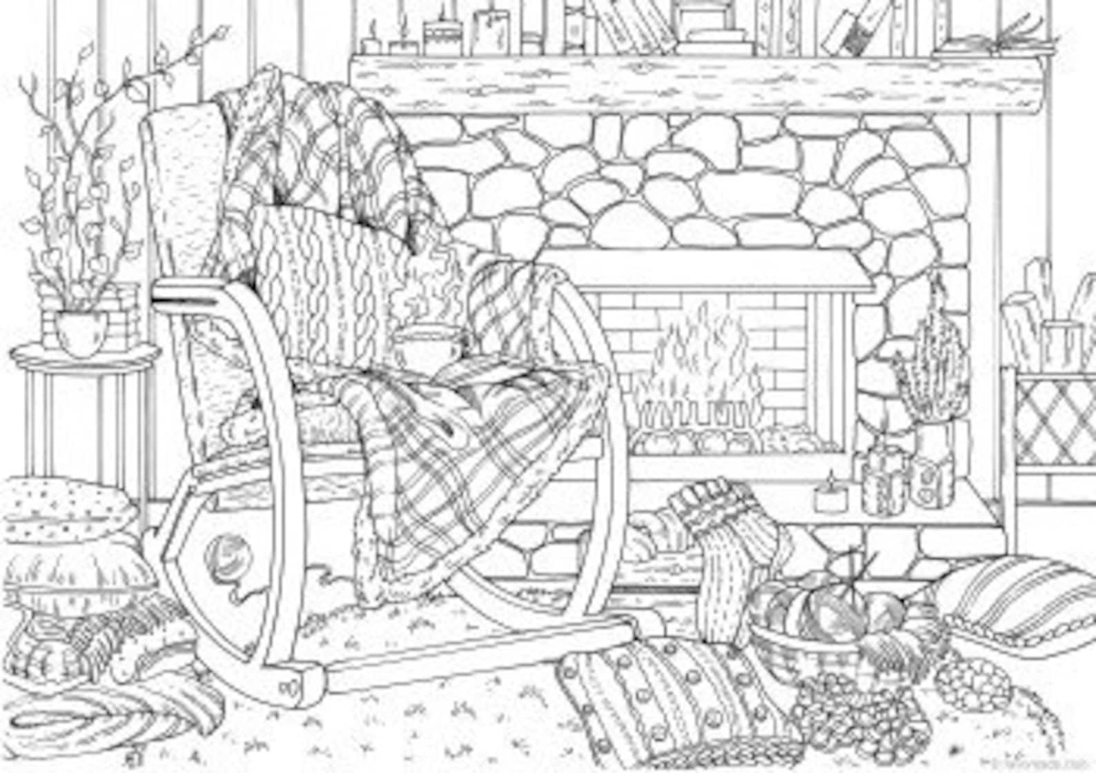 Fireplace Printable Adult Coloring Page From Favoreads | Etsy UK