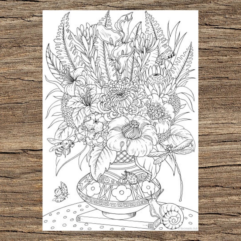 Flowers in a Vase Printable Adult Coloring Page From | Etsy