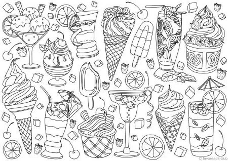 Summer Treats Printable Adult Coloring Page From Favoreads - Etsy