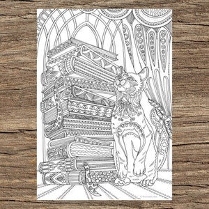 Cat and Books Printable Adult Coloring Page From Favoreads | Etsy