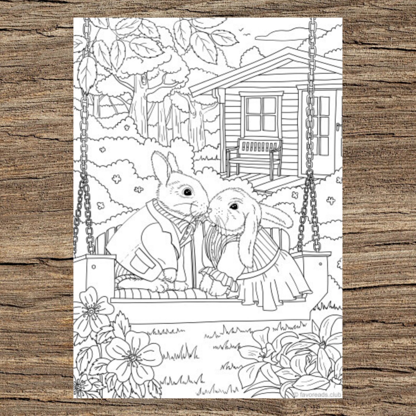 Rabbits in Love Printable Adult Coloring Page From Favoreads | Etsy