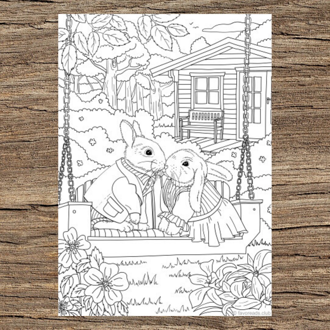 Rabbits in Love Printable Adult Coloring Page from Favoreads | Etsy