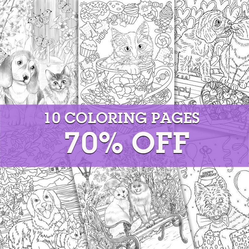 Cats and Dogs Bundle 10 Printable Adult Coloring Pages from | Etsy