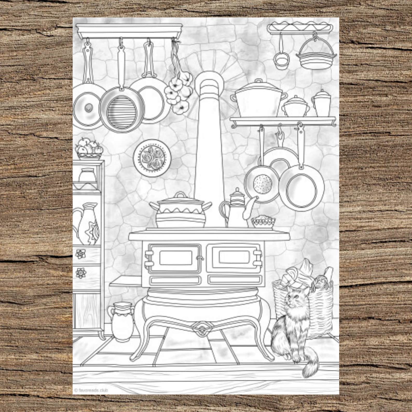 Country Stove Printable Adult Coloring Page From Favoreads | Etsy