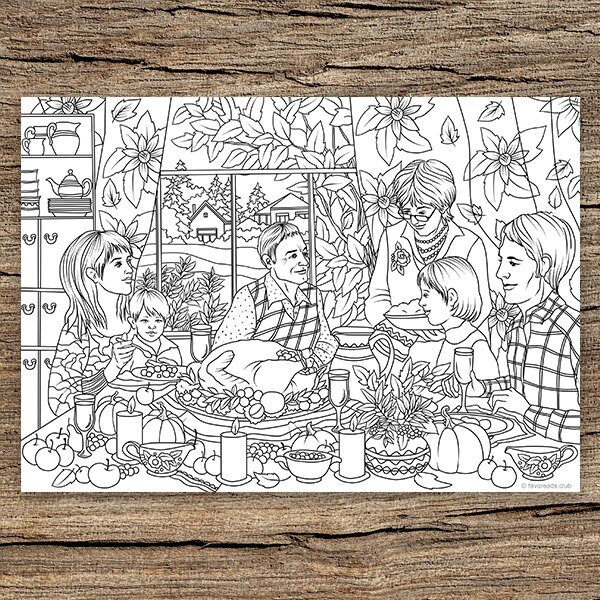 Thanksgiving Dinner Printable Adult Coloring Page from | Etsy