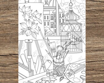 Writing Table Printable Adult Coloring Page From Favoreads | Etsy