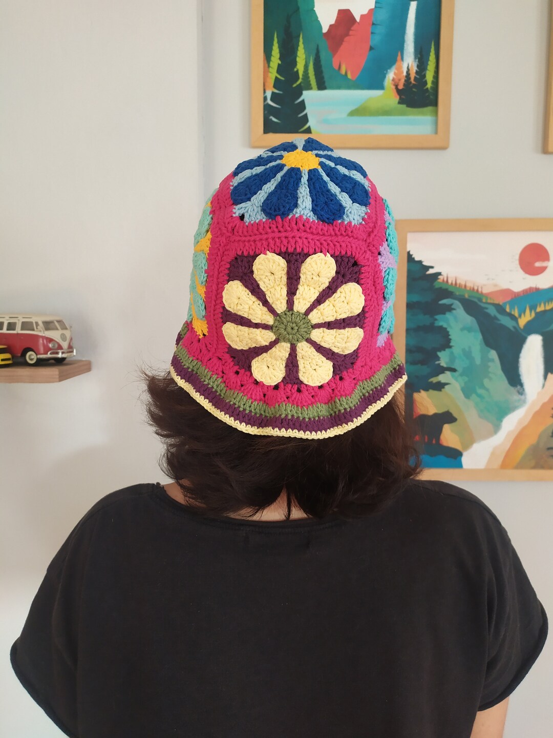 Festival Crochet Granny Square Flower Hippi Bucket Hat, Fuchsia Summer ...