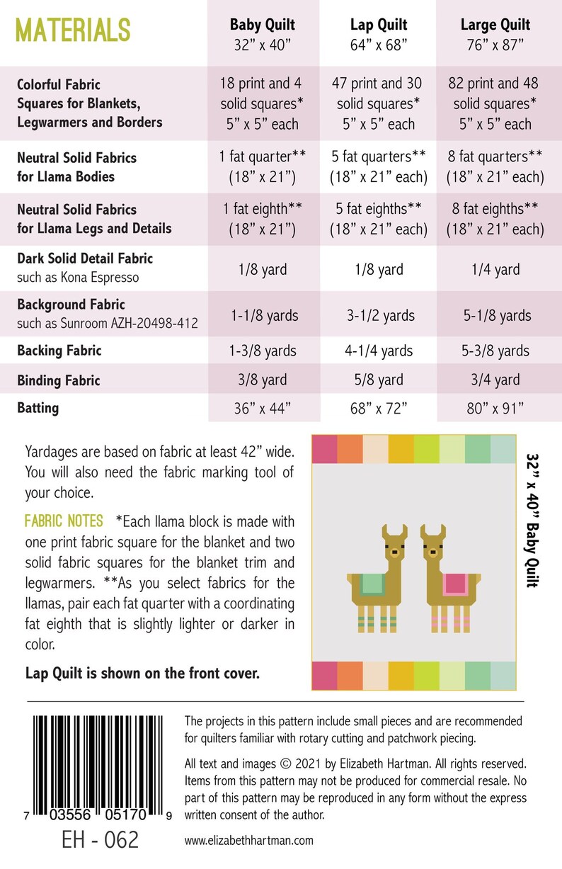 Little Llamas Quilt Pattern by Elizabeth Hartman 64in X 68in Lap Quilt ...
