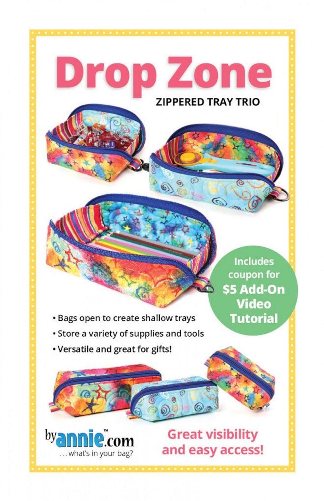 Drop Zone Pouch Pattern by Annie Zippered Tray Trio - Easy Access Bag ...