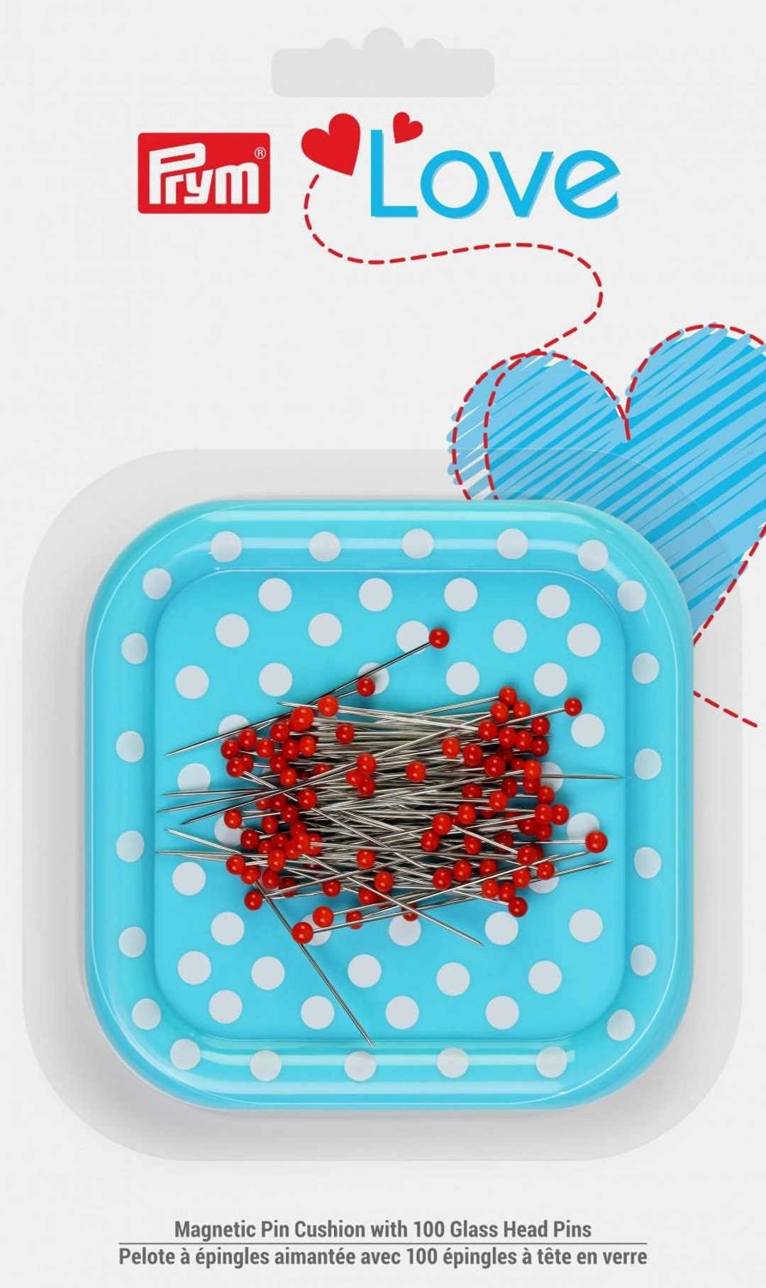 Magnetic Pin Cushion by Prym Love, Blue Polka Dot Pin Holder + 100 Red ...
