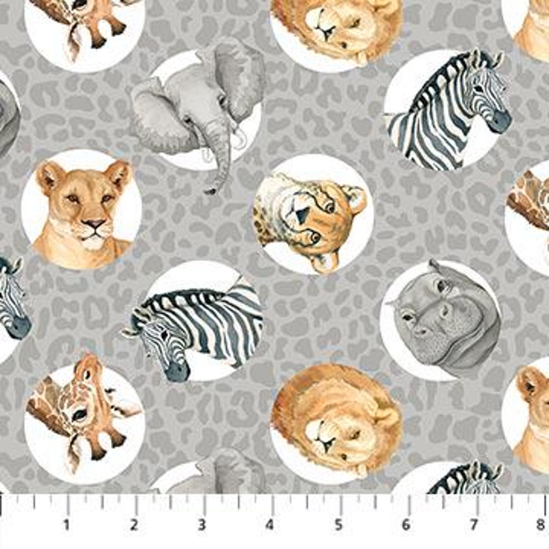 Animal Heads Medium Gray Wild One by Deborah Edwards for NORTHCOTT, Children Cotton Fabric Sold ...