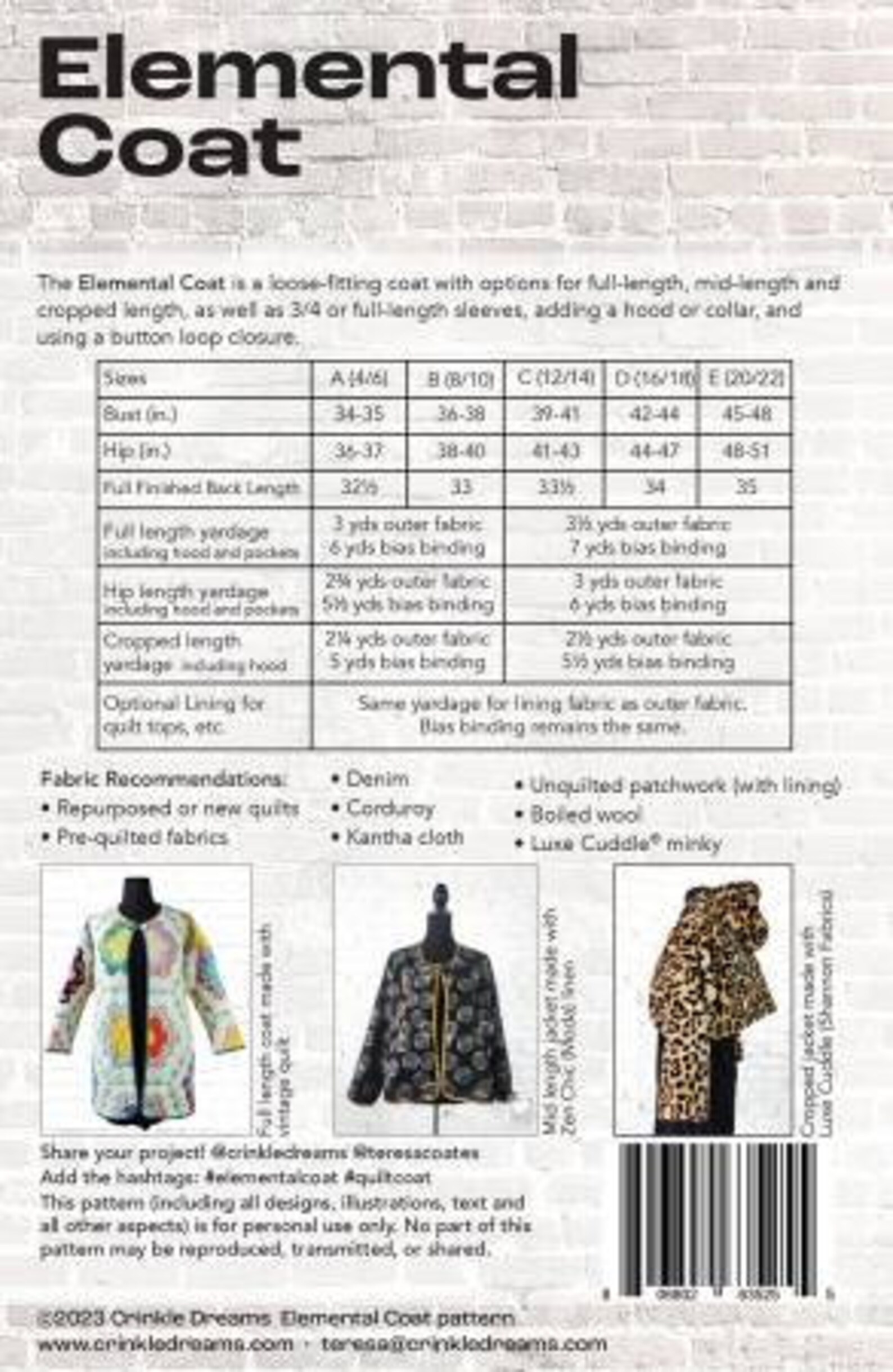 Elemental Coat Sewing Pattern by Crinkle Dreams - Great Gift for Any ...