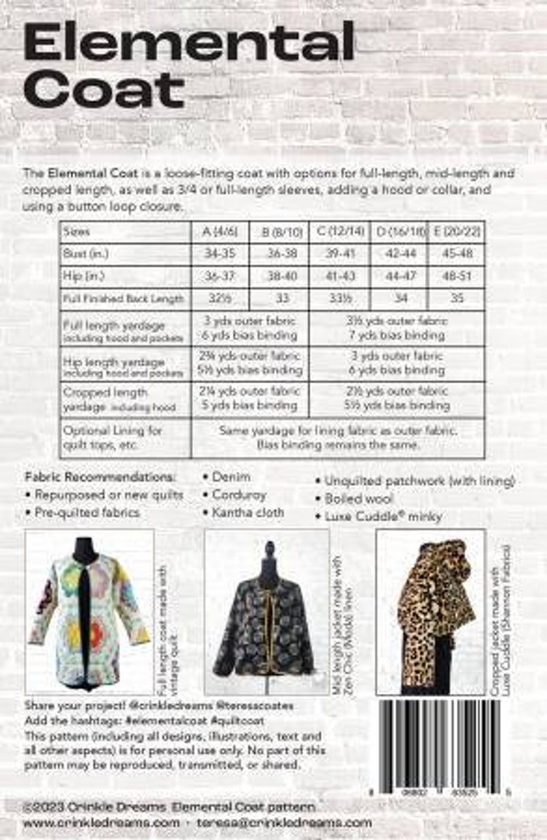 Elemental Coat Sewing Pattern by Crinkle Dreams - Great Gift for Any ...