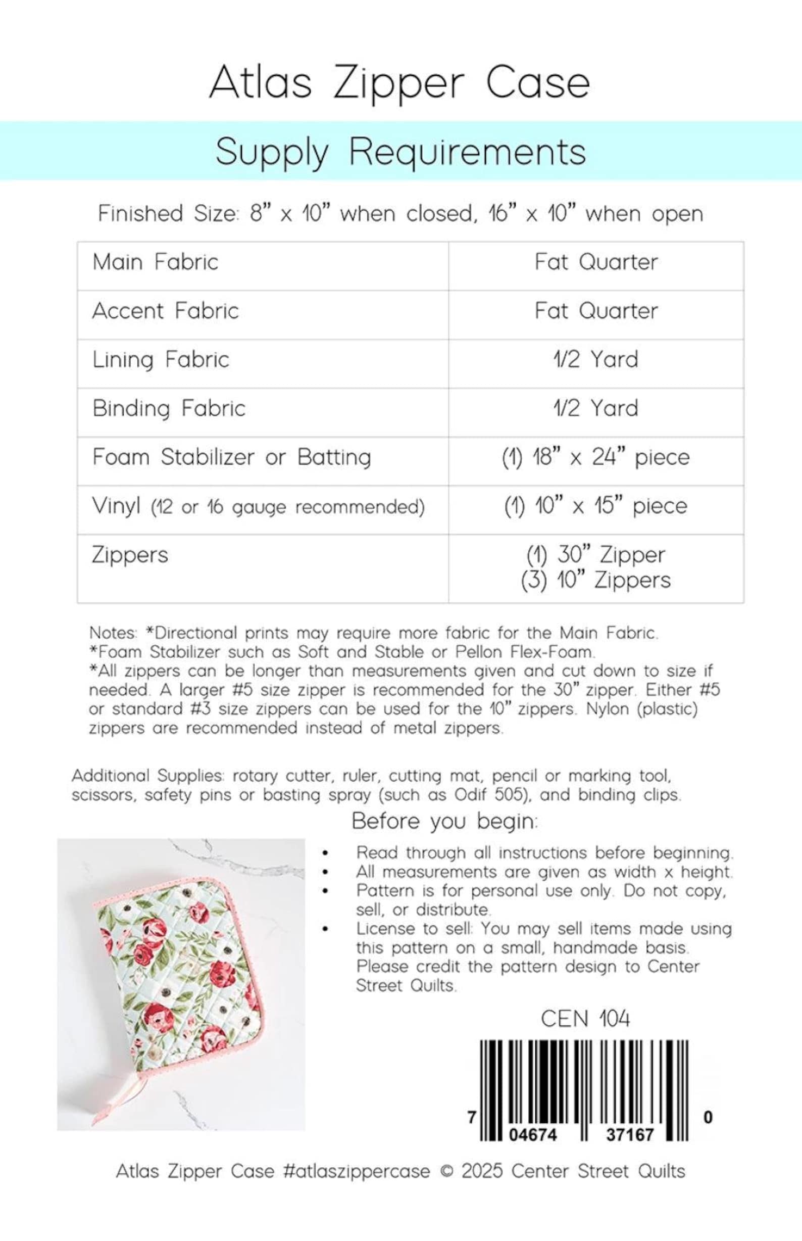 Atlas Zipper Case Pattern From Center Street Quilts - Etsy