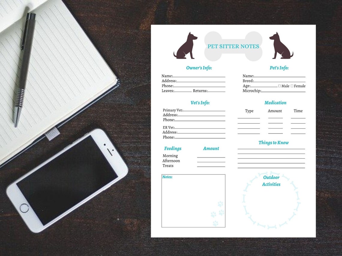 Pet Sitter Notes Printable for Pet Sitting Dog Sitter Notes | Etsy