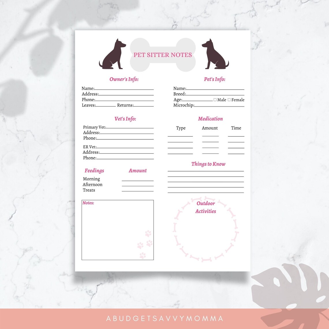 Pet Sitter Notes | Printable for Pet Sitting | Dog Sitter Notes ...