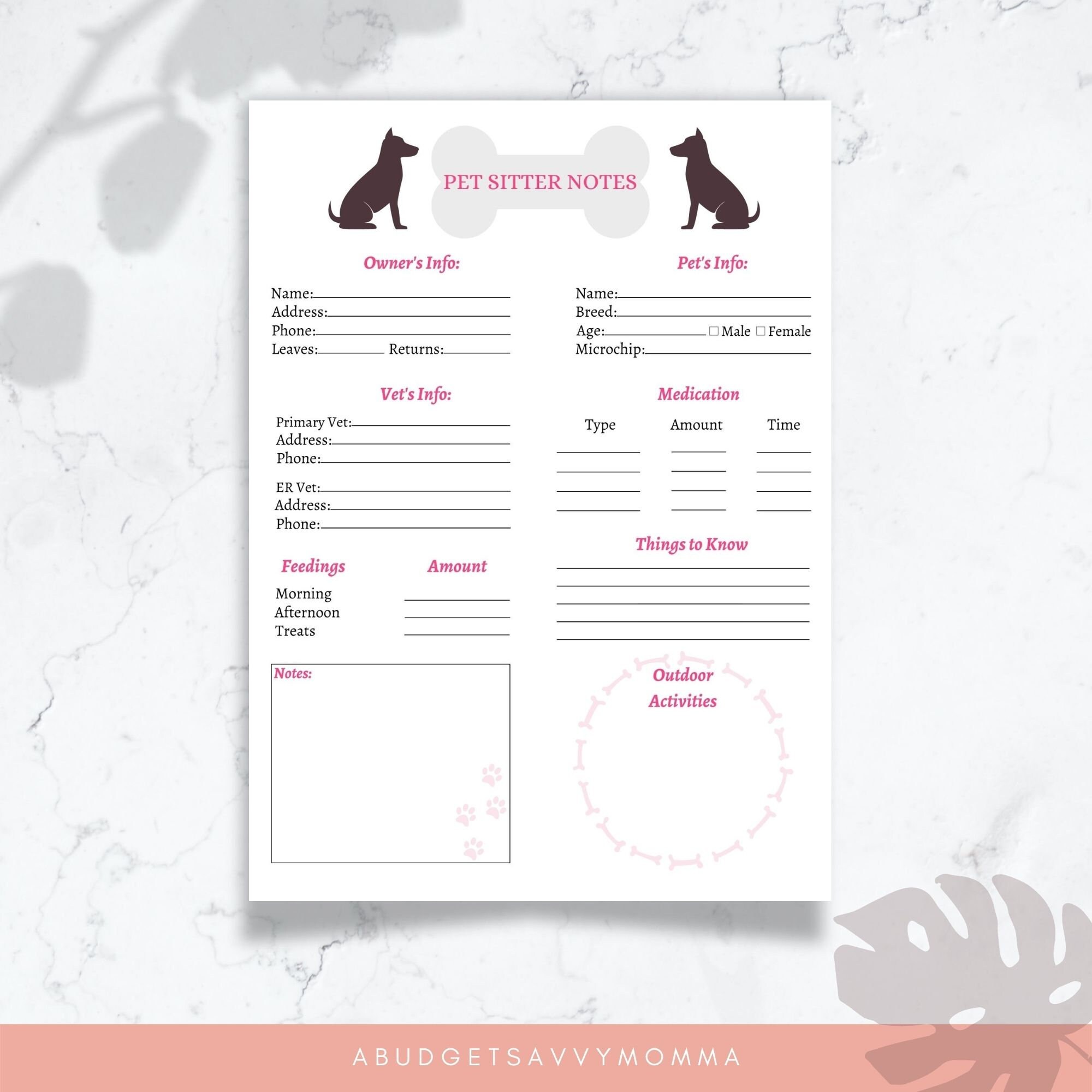Pet Sitter Notes | Printable for Pet Sitting | Dog Sitter Notes ...