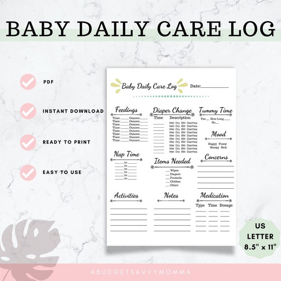 Baby Daily Care Log Nanny Log Babysitter Log Baby Log - Etsy