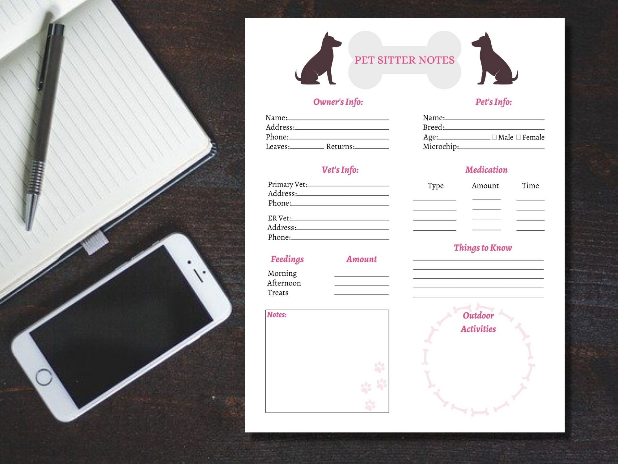 Pet Sitter Notes Printable for Pet Sitting Dog Sitter Notes | Etsy