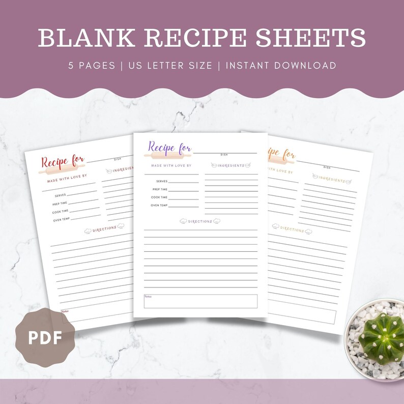 Recipe Sheet | Blank Recipe Sheet | Sheets for Recipes | - Etsy