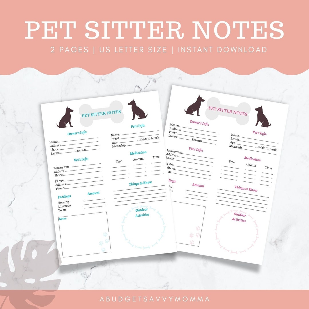 Pet Sitter Notes | Printable for Pet Sitting | Dog Sitter Notes ...