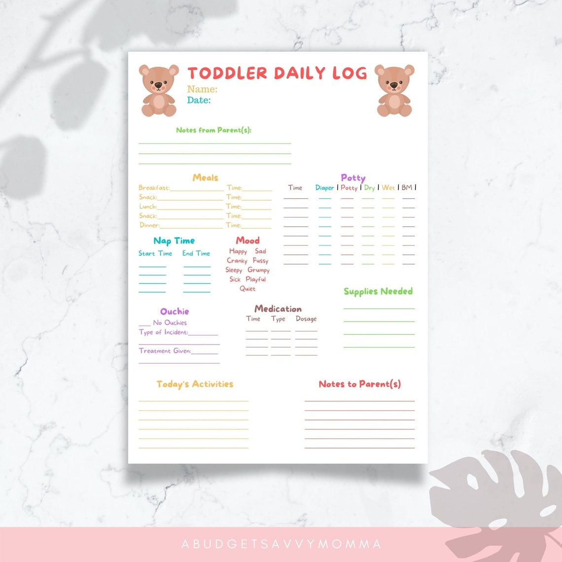Toddler Daily Log: Daily Log for Daycare, Babysitter, Nanny | Printable ...