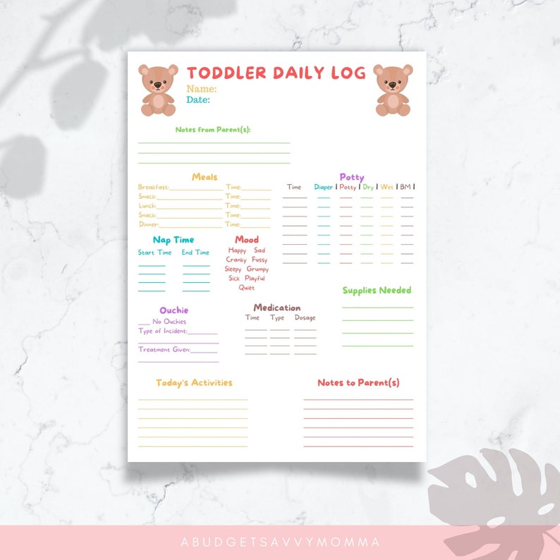 Toddler Daily Log: Daily Log for Daycare, Babysitter, Nanny | Printable ...