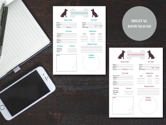 Pet Sitter Notes Printable for Pet Sitting Dog Sitter Notes | Etsy
