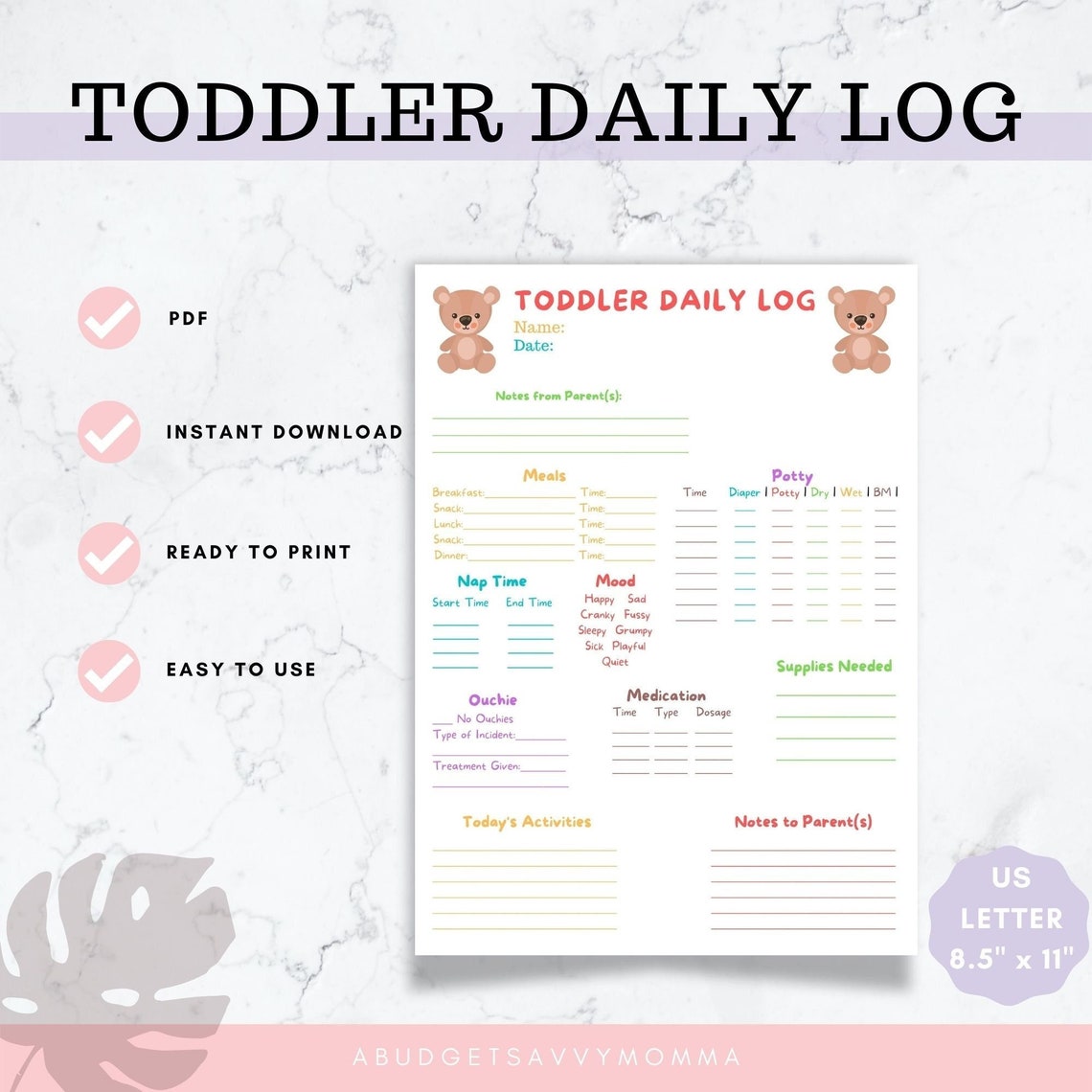 Toddler Daily Log: Daily Log for Daycare, Babysitter, Nanny | Printable ...