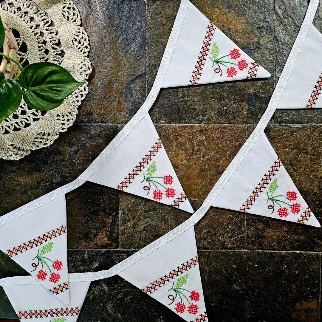 Cherry Flag Bunting, Repurposed Vintage Embroidered Tablecloth, Table ...