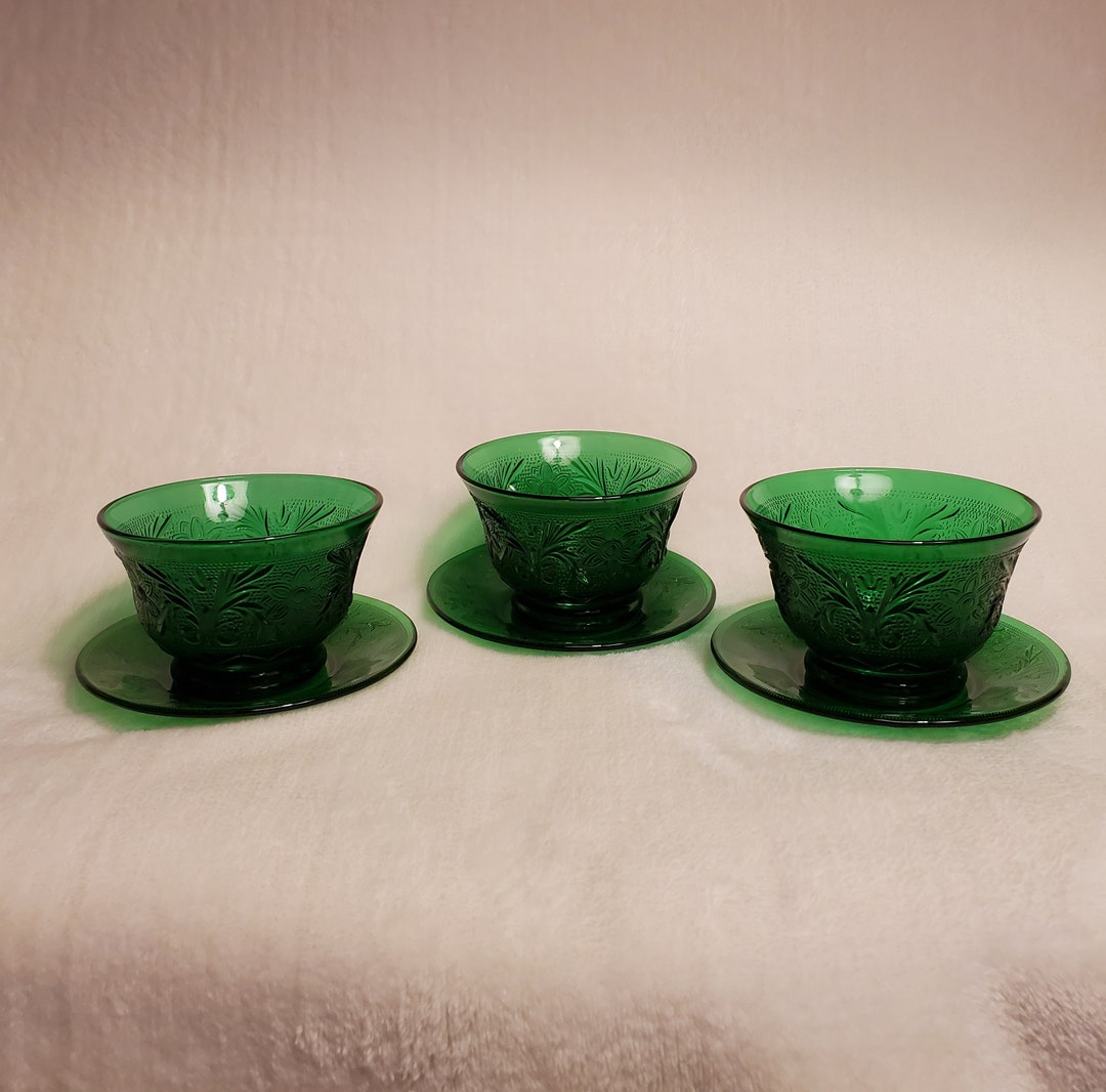 3 Sets Forest Green Sandwich Glass Custard Cups and Liners, Oatmeal ...