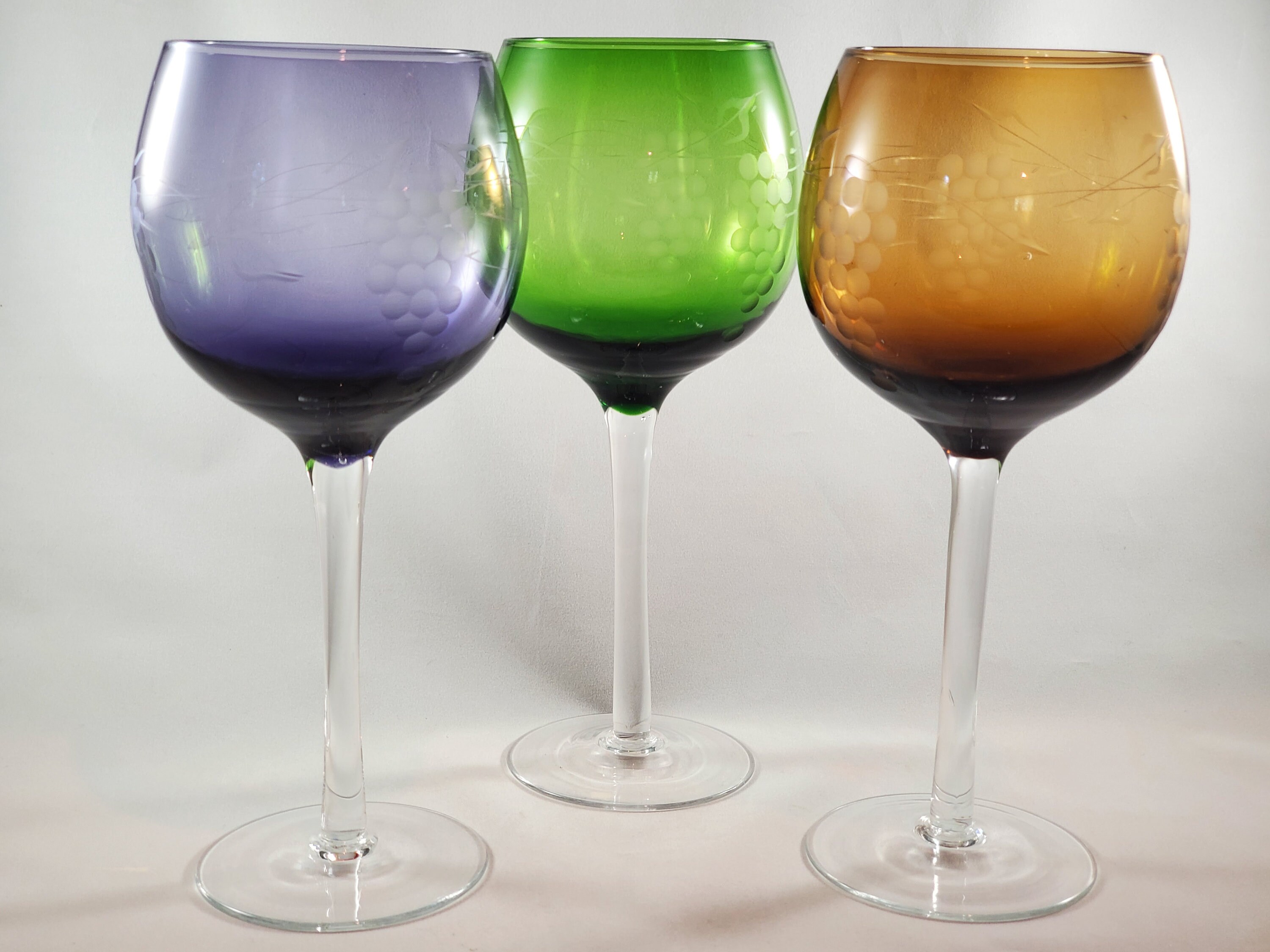 3 Colored Vintage Etched Crystal Wine Goblets Balloon - Etsy