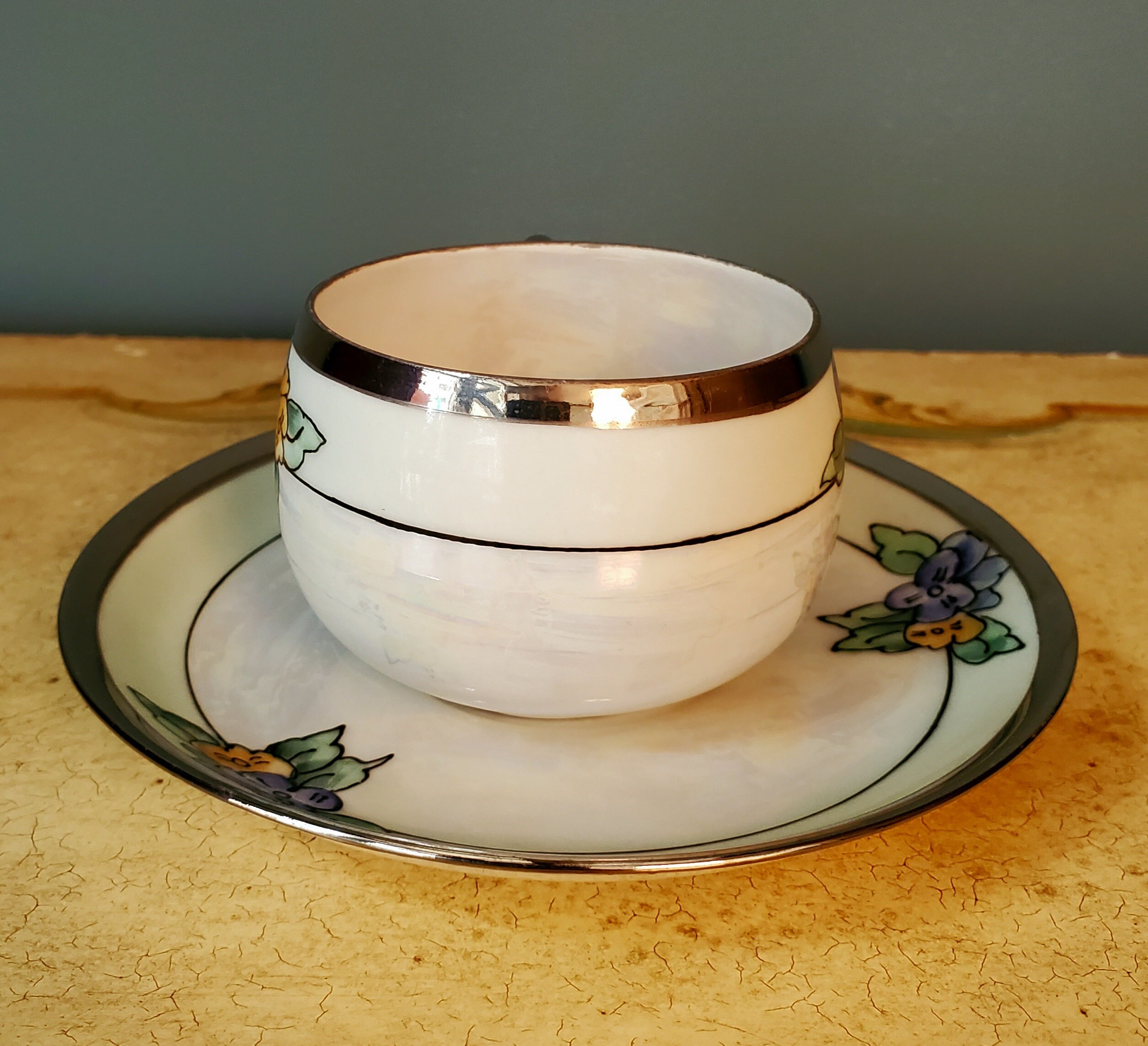 White Lusterware Cup and Saucer Hand Painted 735 | Etsy