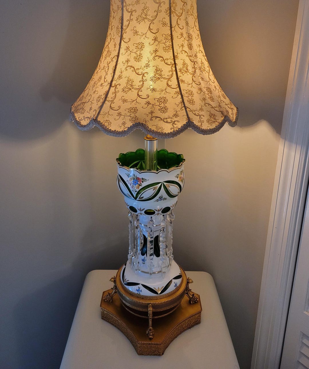 Lamp, Bohemian, Czechoslovakian Emerald Green Glass, Luster Lamp ...