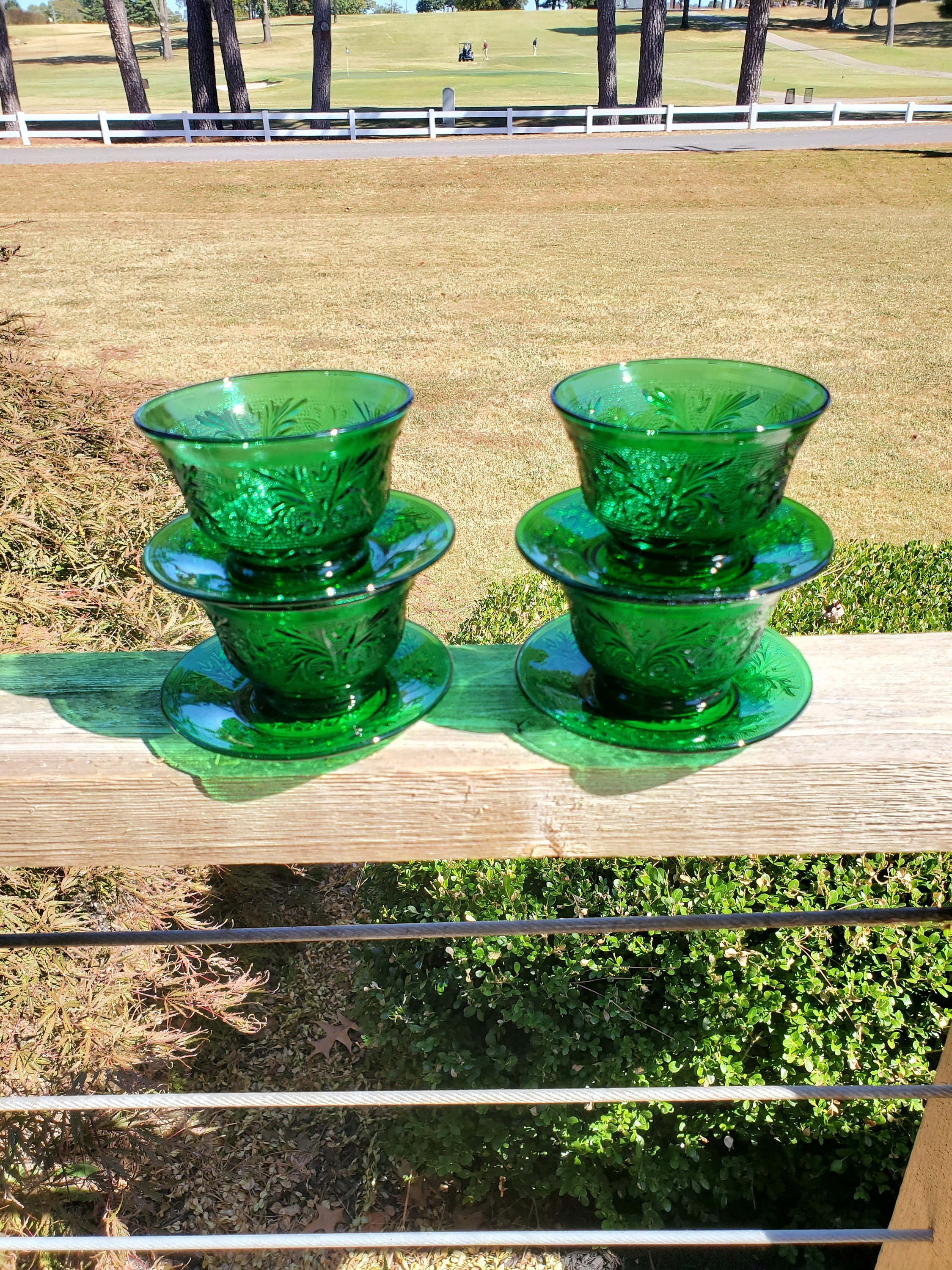 4 Emerald Green Sandwich Glass Custard Cups and Liners, #960,921 - Etsy