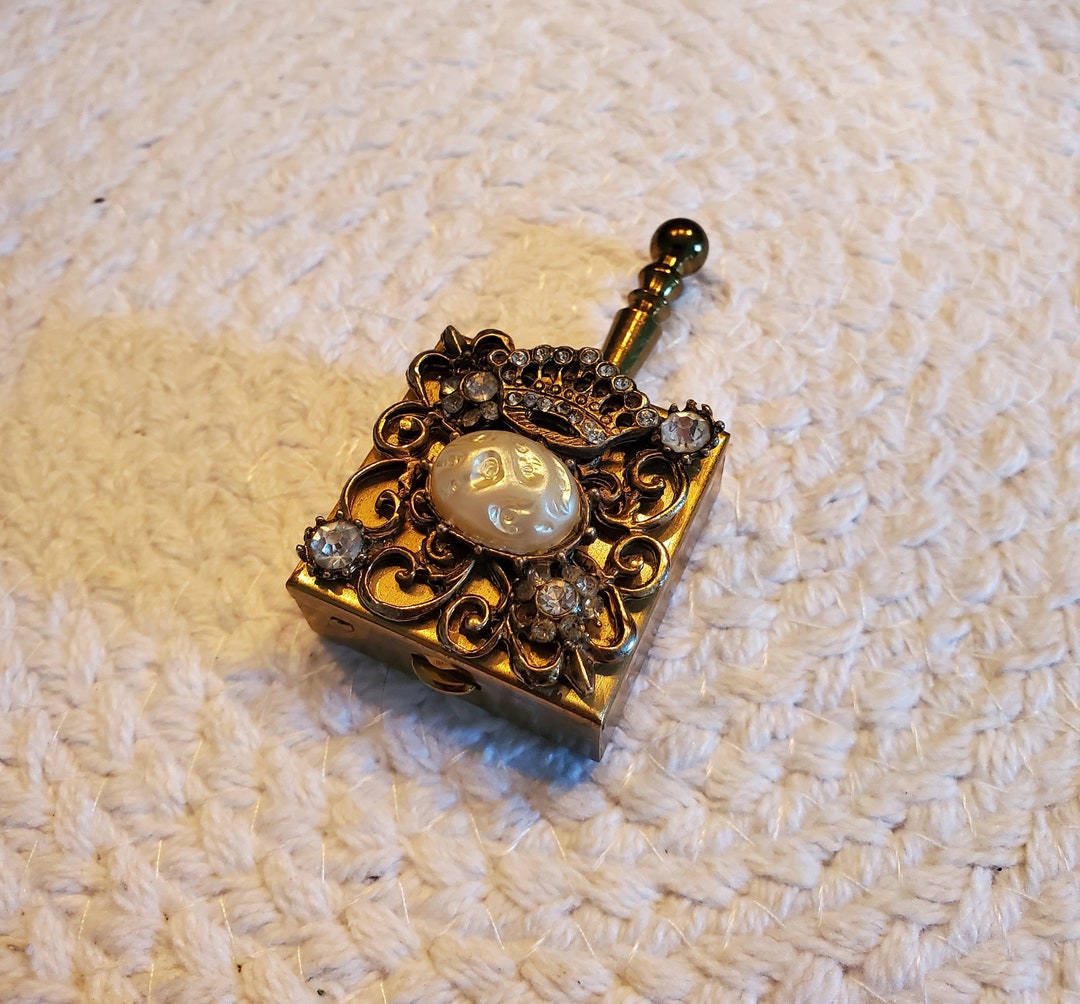 Handled Gold Tone Pill Box With Rhinestones and Faux Pearl on the Lid ...