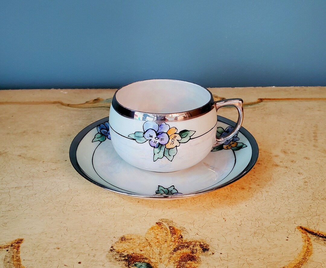 White Lusterware Cup and Saucer, Hand Painted, #735 - Etsy