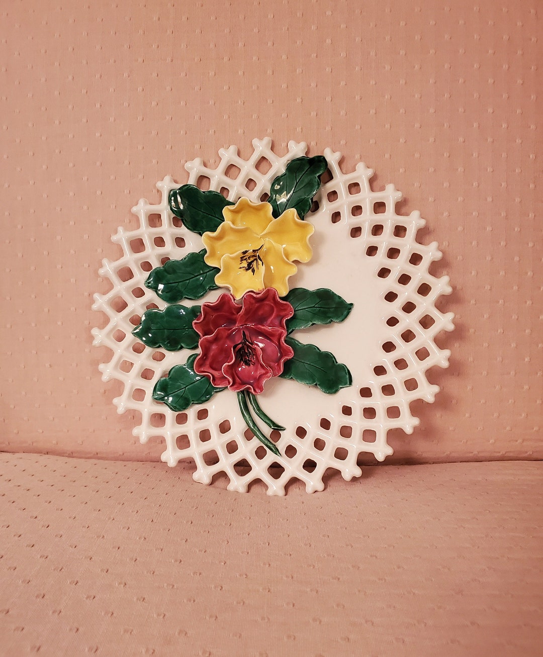 10" Vintage Ceramic Lattice Weave Plate, High Relief Flower Stems, #723 ...